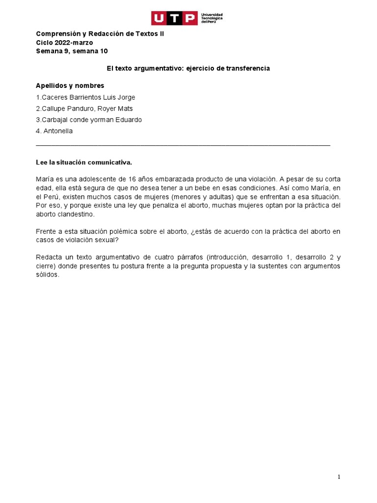 (G2) S09. y S10 - Ejercicio de Transferencia - El Texto Argumentativo - Formato-1 | PDF ...