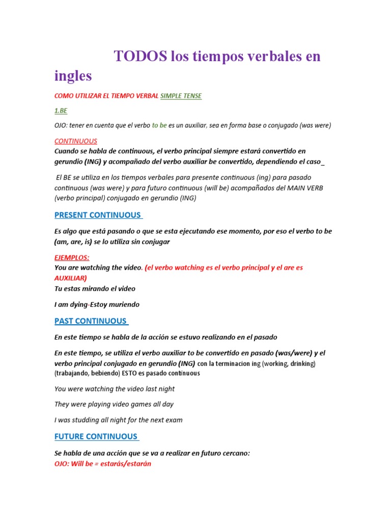 Todos Los Tiempos Verbales En Ingles Pdf Verbo Lingüística