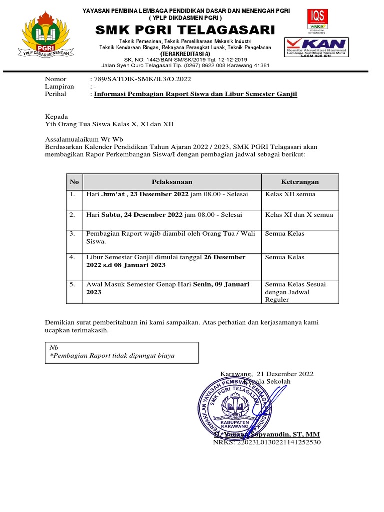Surat Pemberitahuan Pembagian Raport Dan Libur Semester Ganjil 2022 ... Surat Pemberitahuan Pembagian Raport Dan Libur Semester Ganjil 2022 ...