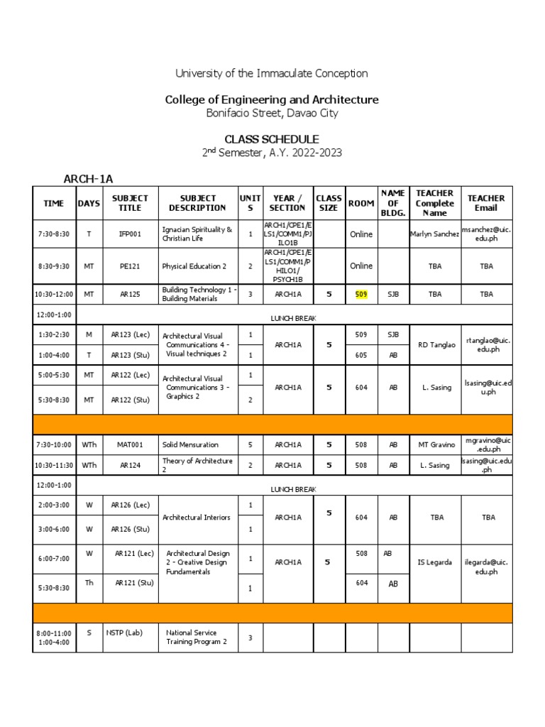 College of Engineering and Architecture Class Schedule Arch-1A | PDF ...