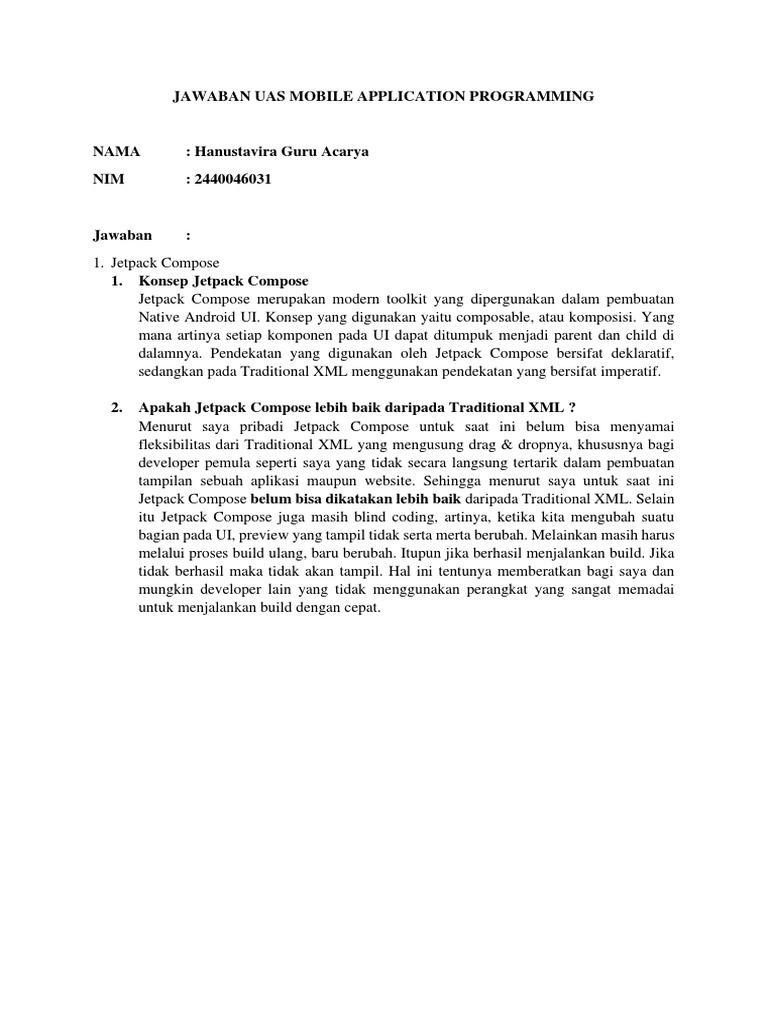 Hanustavira Guru Acarya - JAWABAN UAS MOBILE APPLICATION PROGRAMMING | PDF