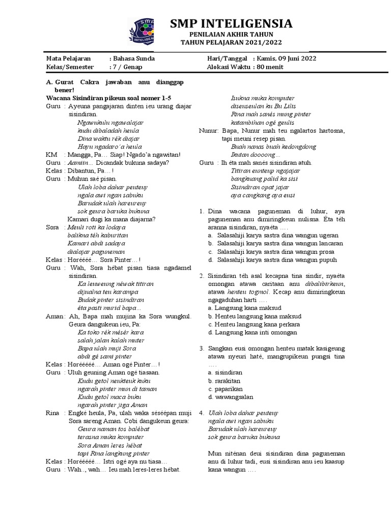 CH - Soal PAT Kelas 7 - Bahasa Sunda | PDF