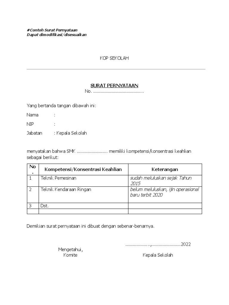 Surat Pernyataan Versi Tabel | PDF