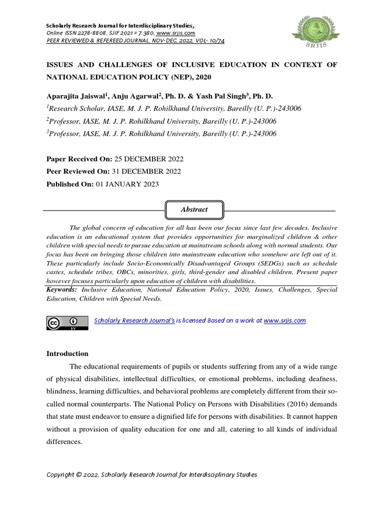 Issues and Challenges of Inclusive Education in Context of National Education Policy (Nep), 2020 ...
