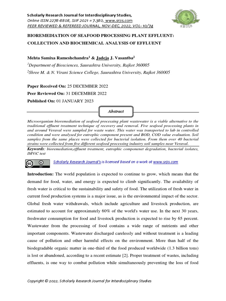 Bioremediation of Seafood Processing Plant Effluent: Collection and ...