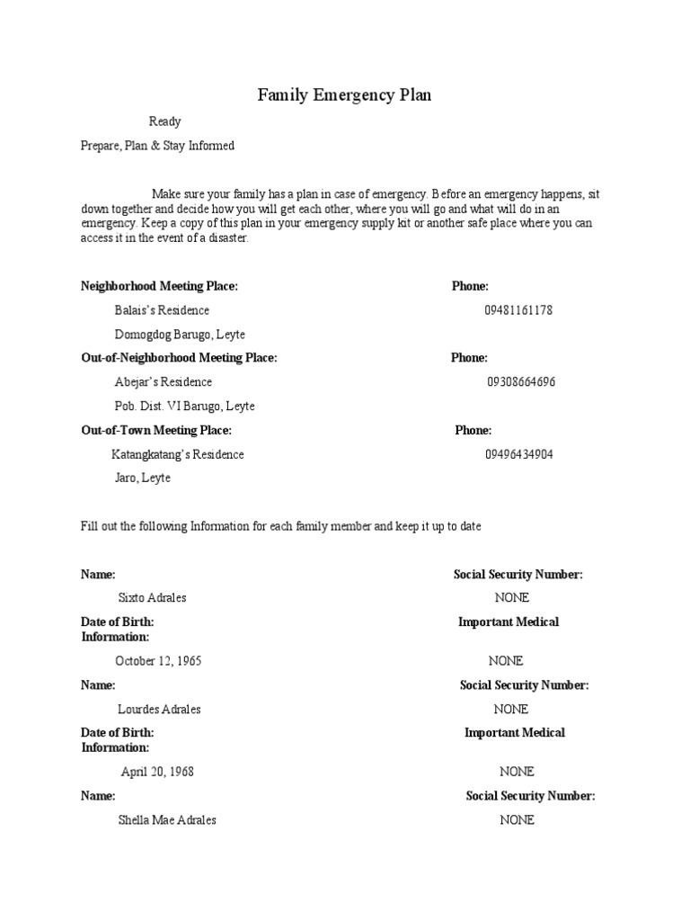 Family Emergency Plan Pdf Emergency Management Telecommunications