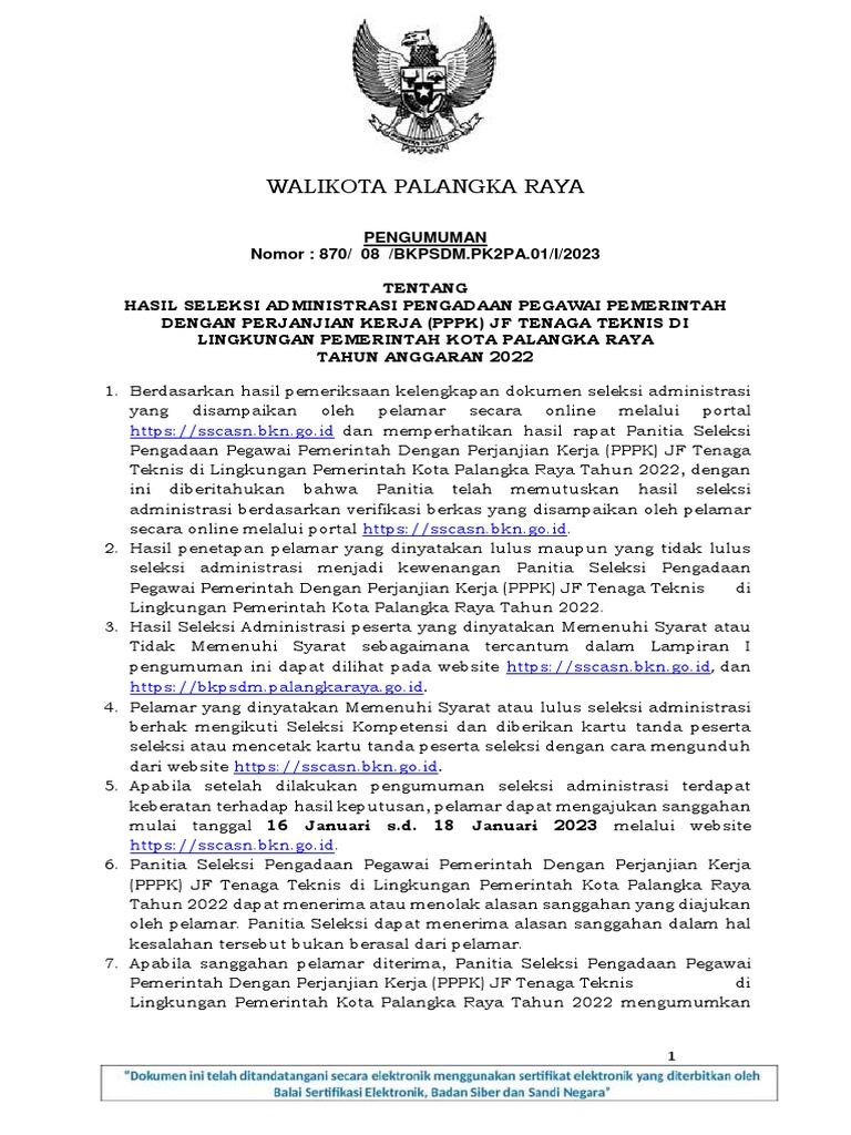 Pengumuman Hasil Seleksi Administrasi Pengadaan PPPK JF Tenaga Teknis Di Lingkungan Pemerintah ...