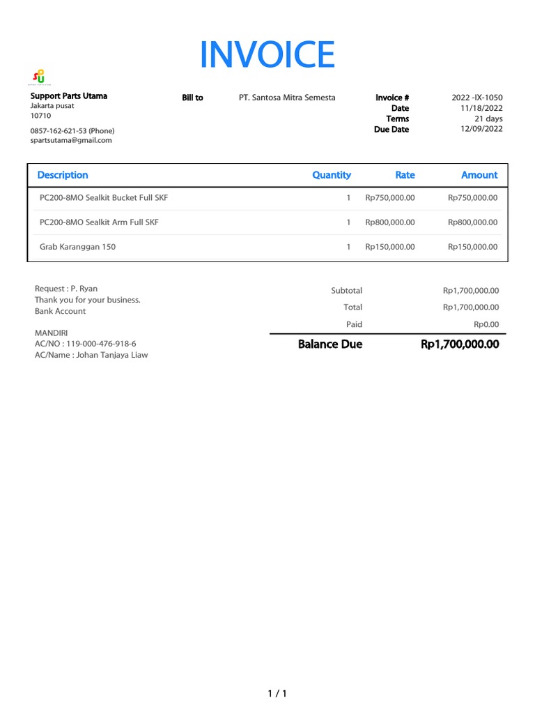 Contoh Format Invoice Penjualan Sparepart 2 | PDF
