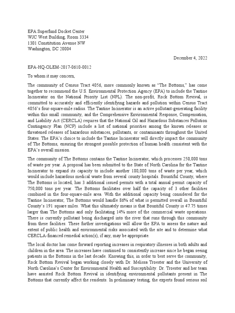 Public Comment Letter | PDF | Superfund | Health Sciences