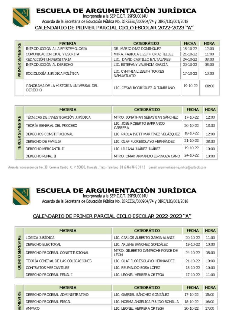 Calendario Primer Parcial 2022-2023 | PDF | Procedimiento legal | Principios éticos
