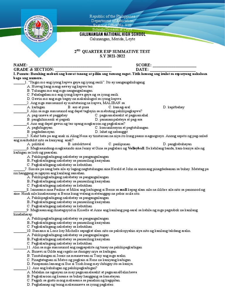 Esp 8 2nd Summative Test | PDF