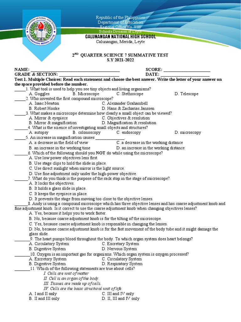 Science 7 2nd Quarter Summative Test | PDF | Reproduction | Ecosystem