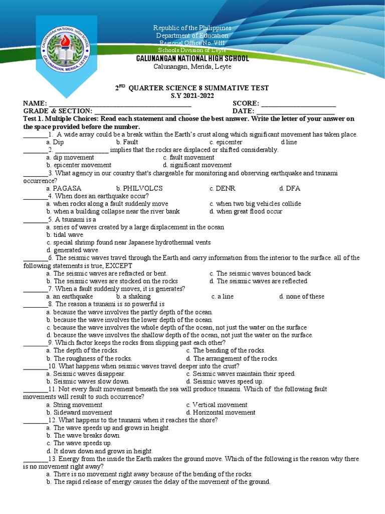 Science 8 2nd Summative Test | PDF | Meteoroid | Earthquakes