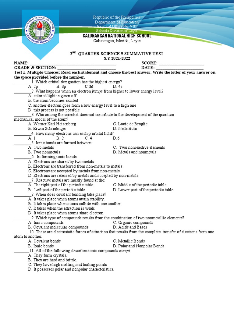 Science 9 2nd Summative Test | PDF | Ionic Bonding | Chemical Compounds