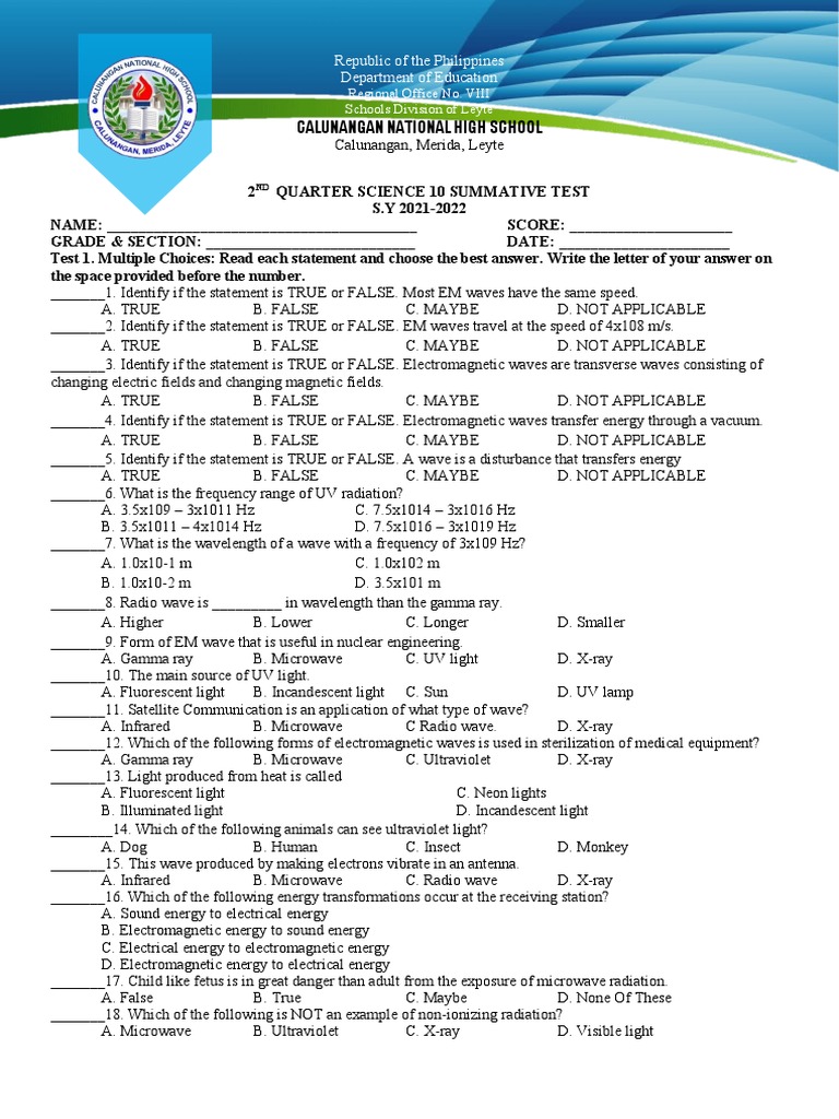Science 10 2ND Summative Test | PDF | Electromagnetic Radiation | Radiation