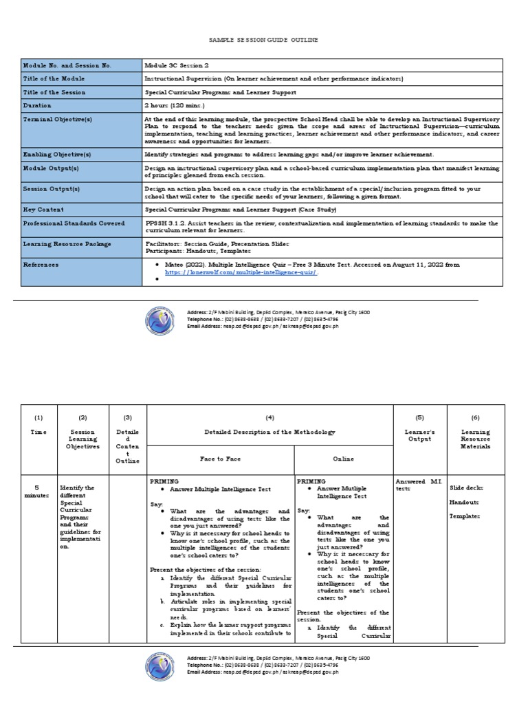 SAMPLE Outline M3C S2 SG Special Curricular Programs and Learner ...
