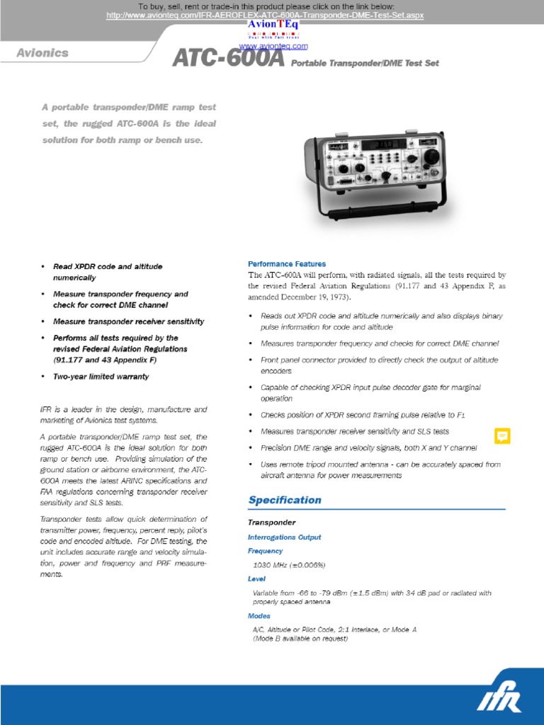 Aeroflex (IFR) ATC - 600A Specs Sheet | PDF