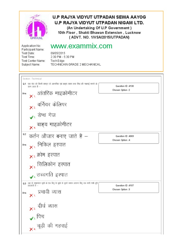 Uprvunl Tg2 Fitter (MECHANICAL) Question Paper 2015 | PDF | Cricket