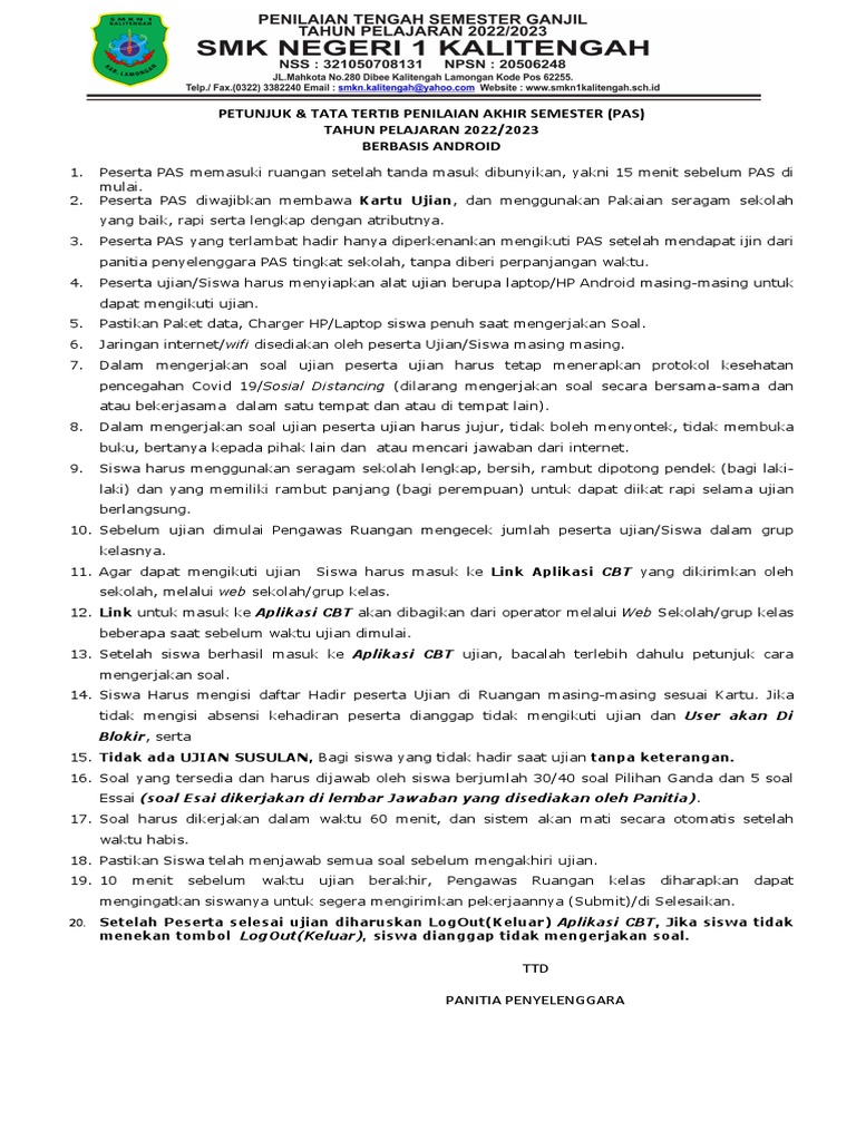 Tata Tertib Ujian Akhir Semester Android | PDF