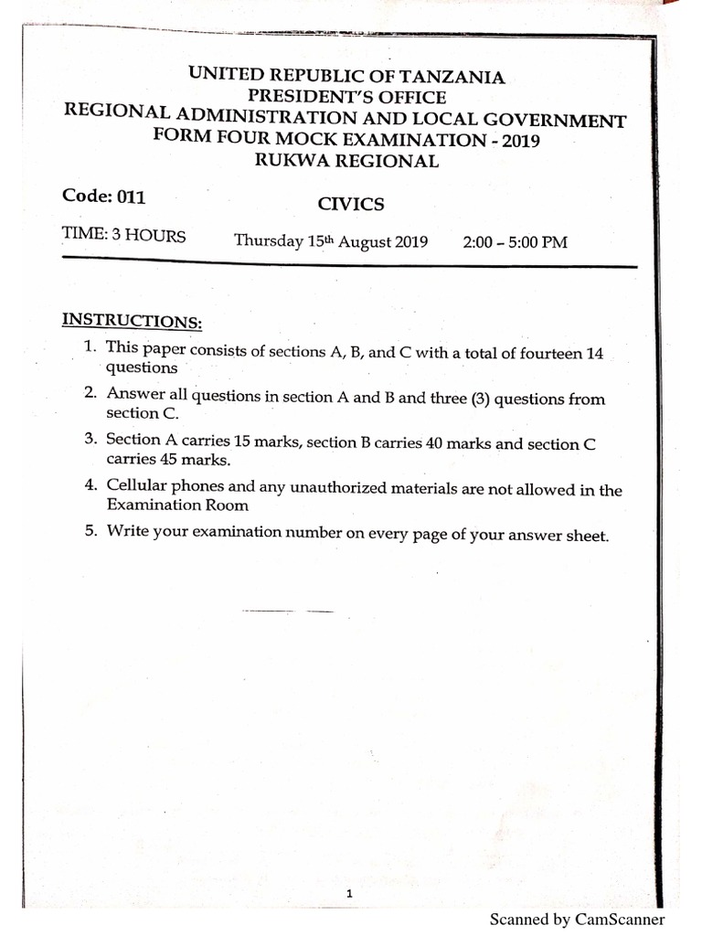 Mock Rukwa 2019 - Civics New Format | PDF