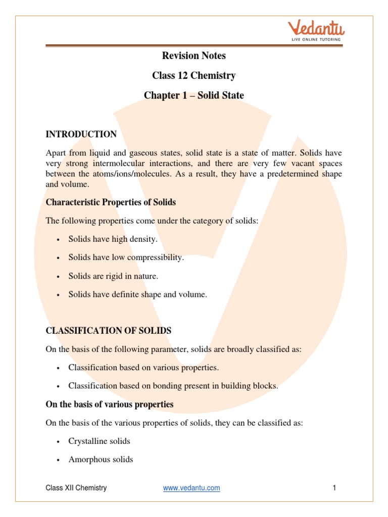 Class 12 Chemistry Revision Notes The Solid State | PDF | Crystal ...