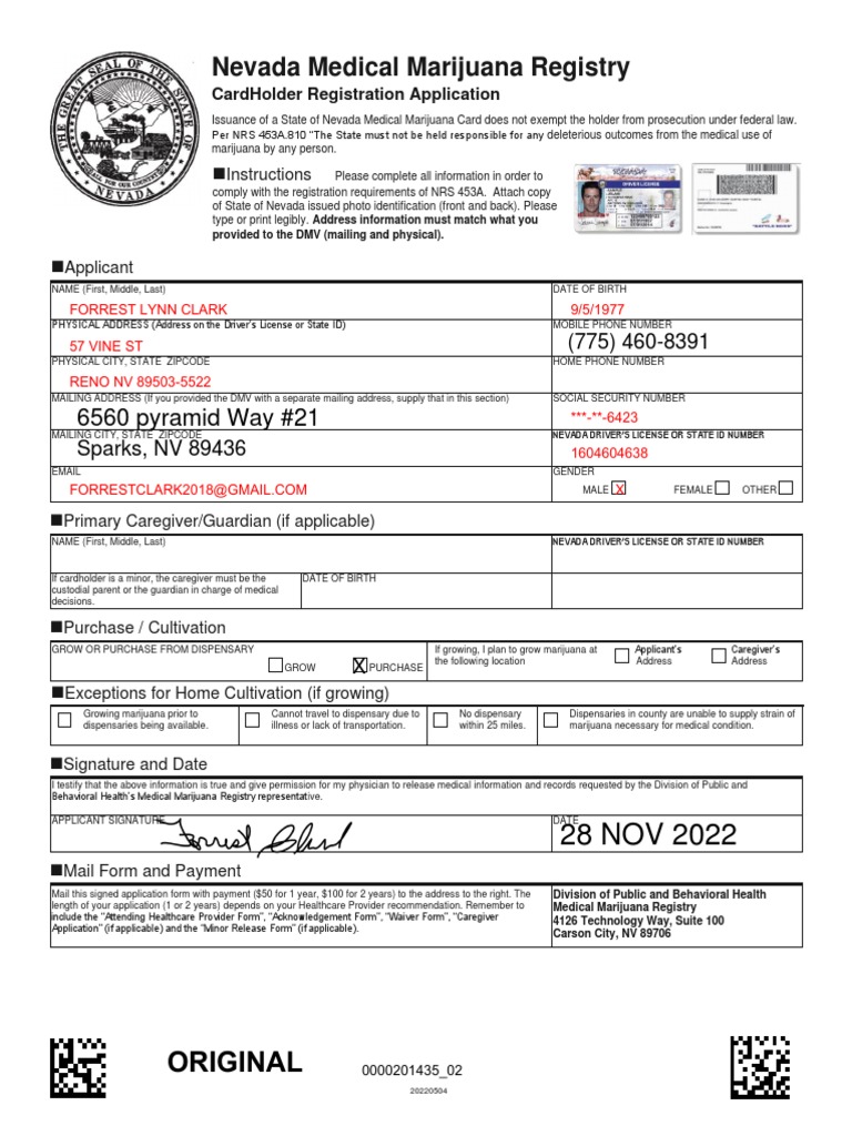 Application for a Nevada Medical Marijuana Registry Card by Forrest ...
