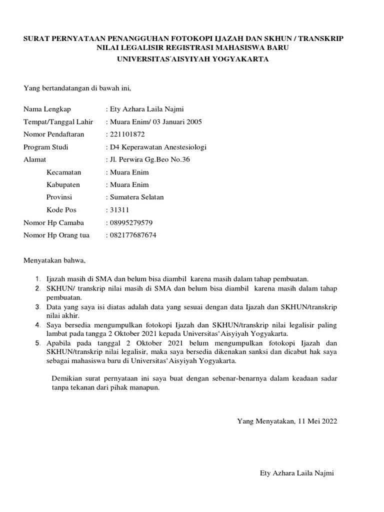 DECLARATION OF POSTPONEMENT OF PHOTOCOPY OF DIPLOMA AND TRANSCRIPT LEGALIZATION FOR NEW STUDENT ...