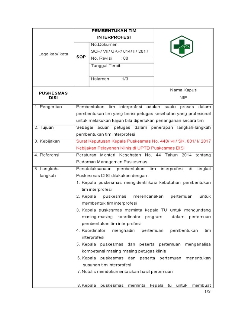 7.3.1.2 Sop Pembentukan Tim Interprofesi | PDF | Karier & Perkembangan