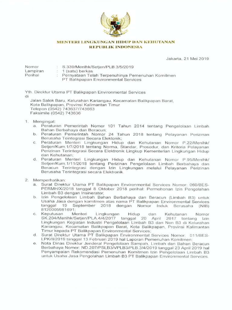 SK Ijin Pengelolaan Lb3 2019 | PDF