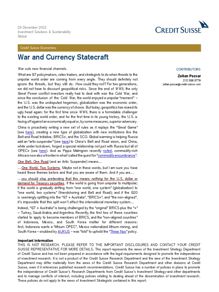 Zoltan Pozsar - War and Currency Statecraft | PDF | Commodity Futures Trading Commission ...
