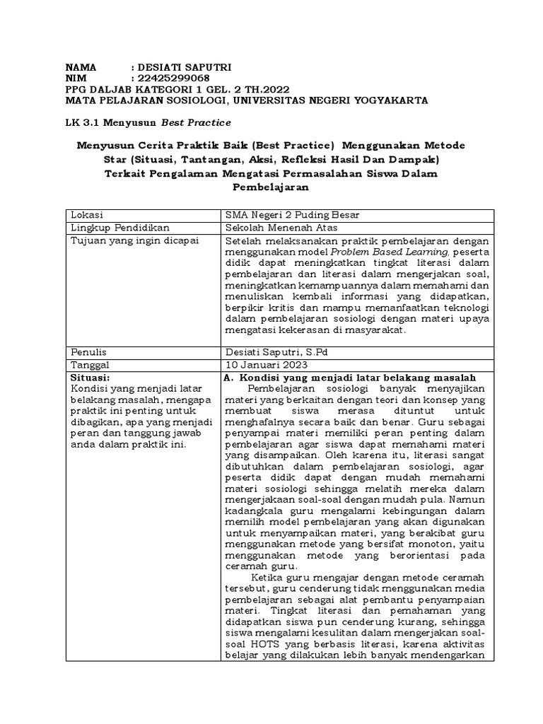 Best Practice PBL Sosiologi SMA | PDF