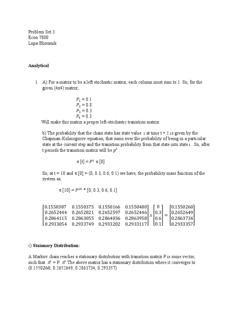 Bhoumik - Econ 7800 - PS3 | PDF | Markov Chain | Probability Theory