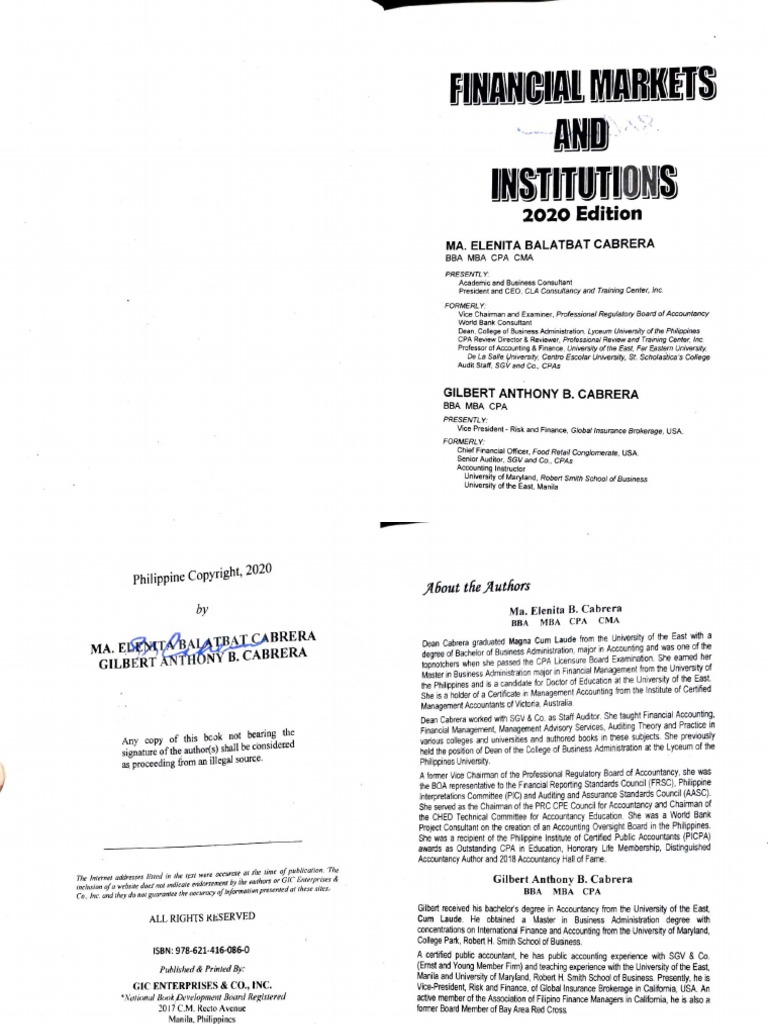 Financial Markets and Institution by Cabrera 2020 Edition | PDF