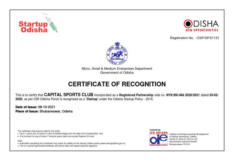 Startup Certificate - 114303 | PDF