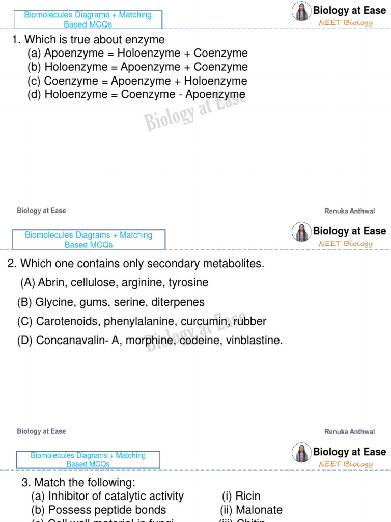 Biomolecules Diagrams + Matching Based MCQs-1 | PDF | Biomolecules | Enzyme