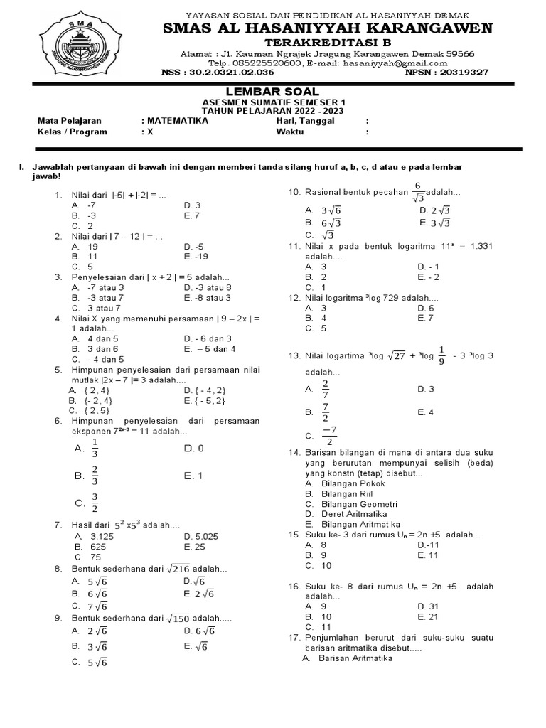 Soal Pas 1 MTK Kelas X 2022 | PDF