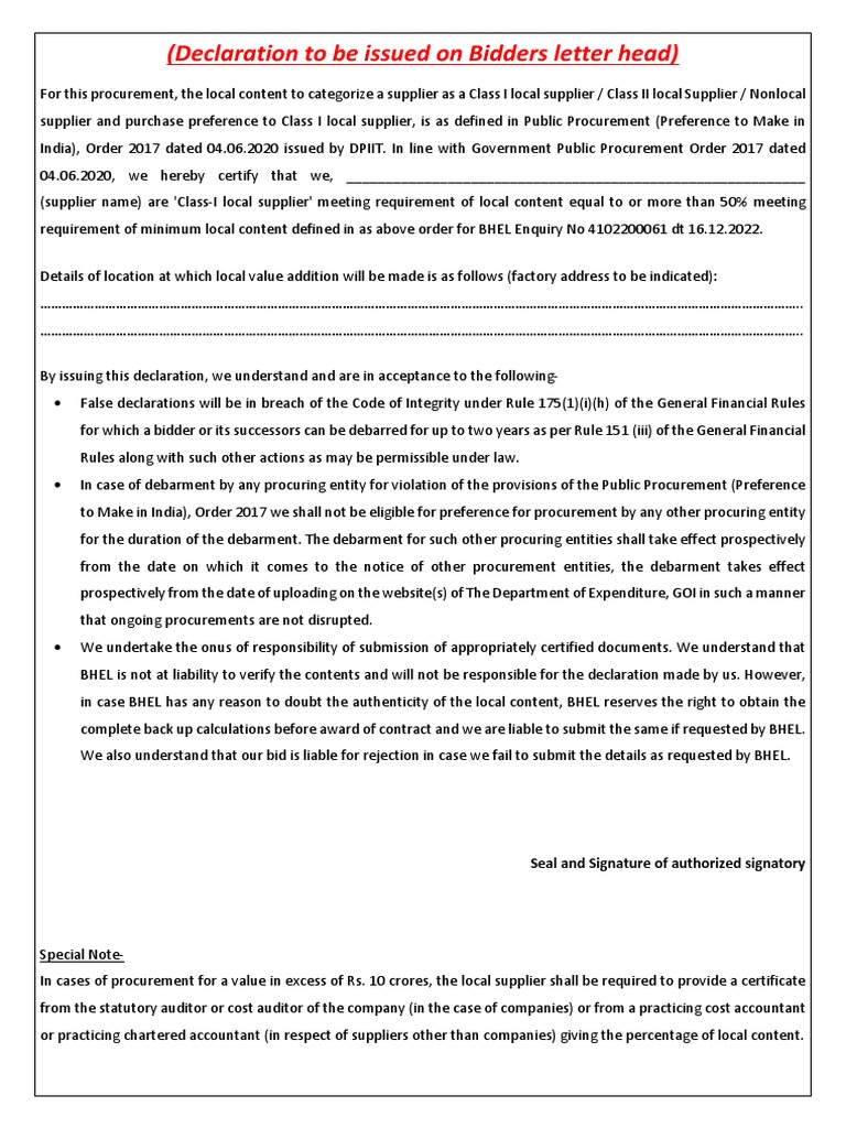Declaration - Make in India (MII) | Download Free PDF | Accountant ...