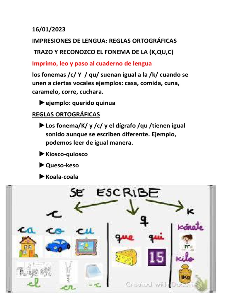 Impersiones Reglas Ortográfica de La K, Qu, C. | PDF