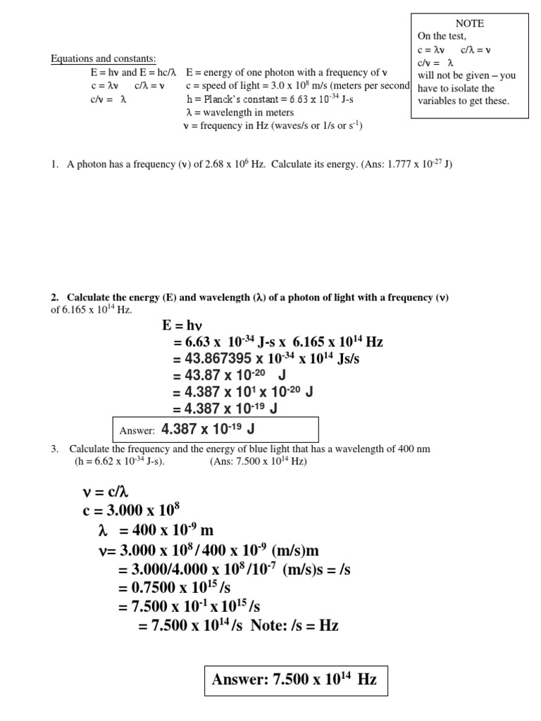Photon Energy and Wavelength Calculations | PDF | Hertz | Frequency