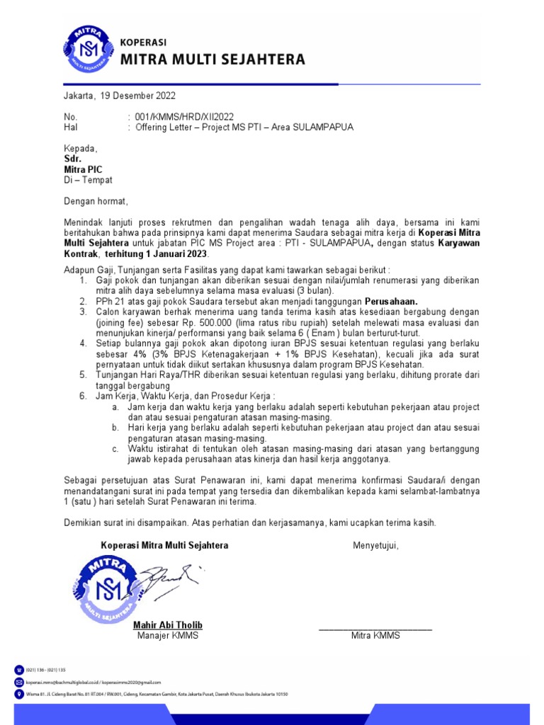 Offering Letter - PTI SULAMPA | PDF