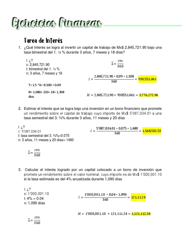 Ejemplos de Ejercicios de Finanzas Interes, Capital y Tiempo | PDF | Dinero | Economias