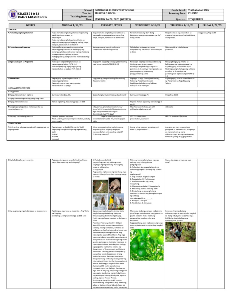 DLL Filipino 5 q2 w9 | PDF