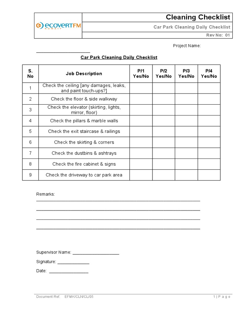 Car Park Cleaning Daily Checklist | PDF