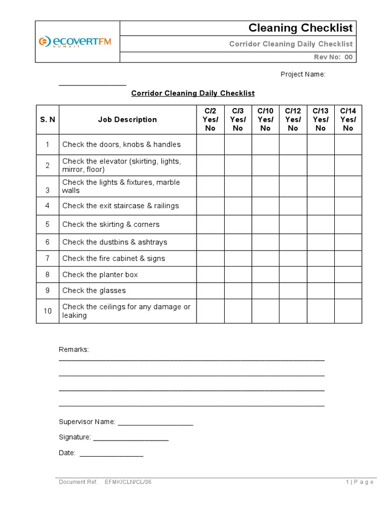 Daily Corridor Cleaning Checklist | PDF | Science & Mathematics