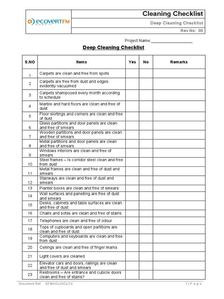 EFMK CLN CL 14 Deep Cleaning Checklist | PDF | Bathroom | Door
