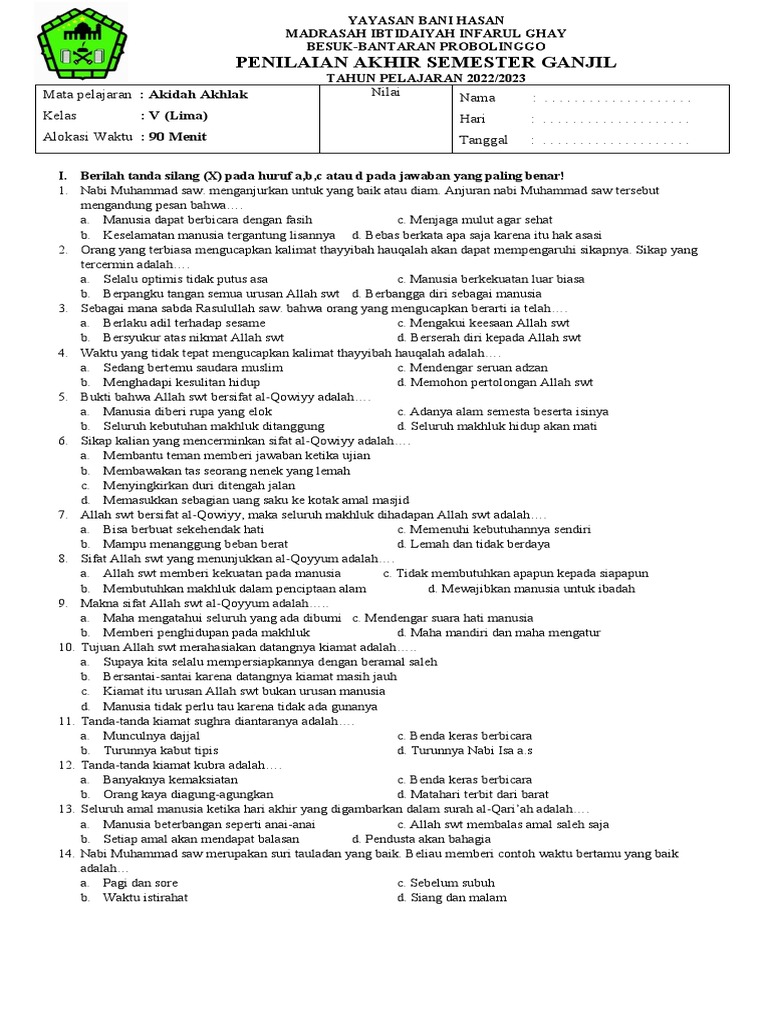 Akidah Akhlak Kelas 5 | PDF | Kajian Bahasa Asing | Agama & Spiritualitas