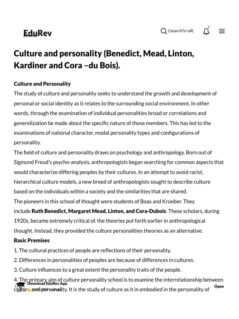 Culture and Personality (Benedict, Mead, Linton, Kardiner and Cora - Du ...