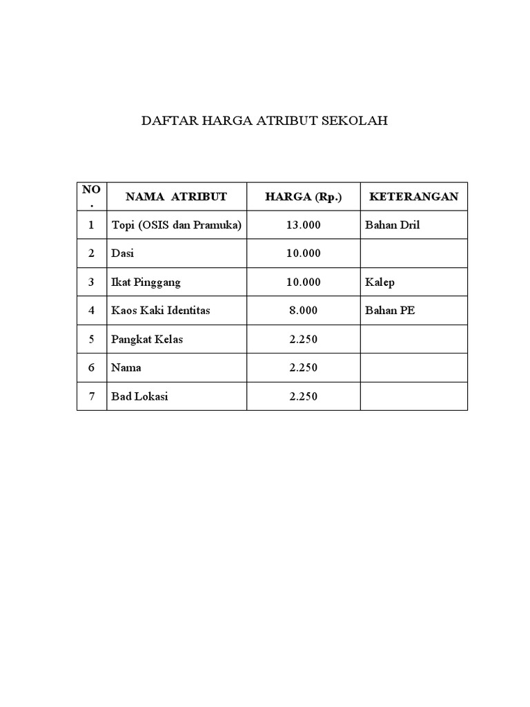 Daftar Harga Atribut Sekolah SMP | PDF | Seni & Disiplin Bahasa