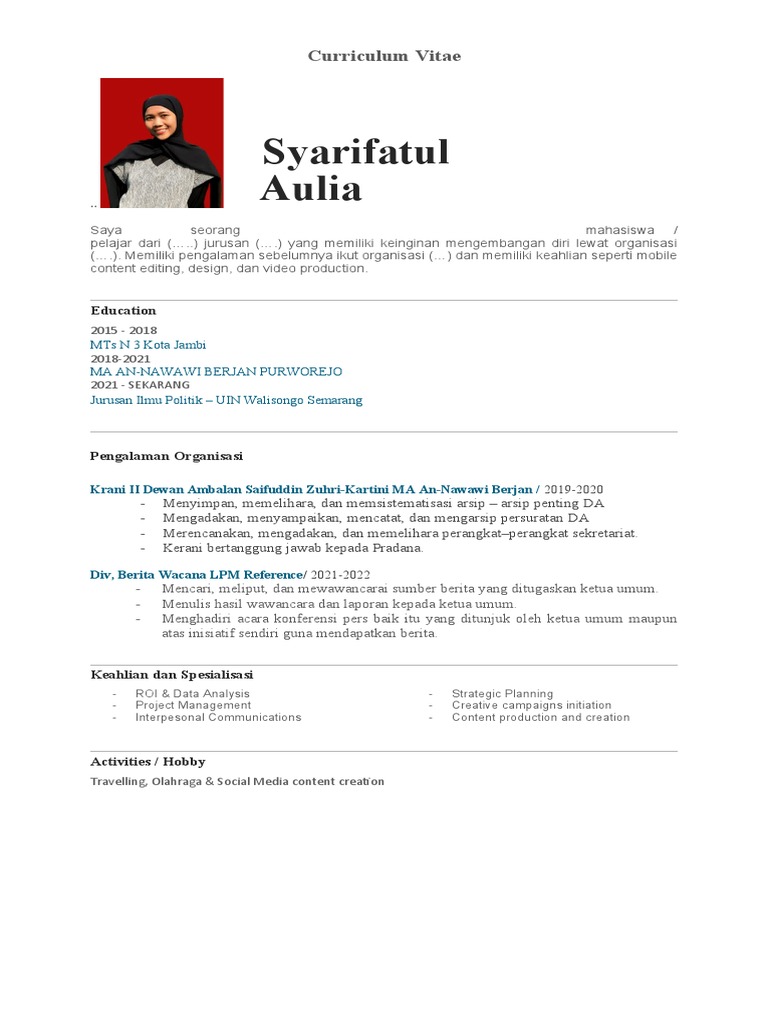 FREE TEMPLATE CV Masuk Organisasi by Vina Muliana | PDF