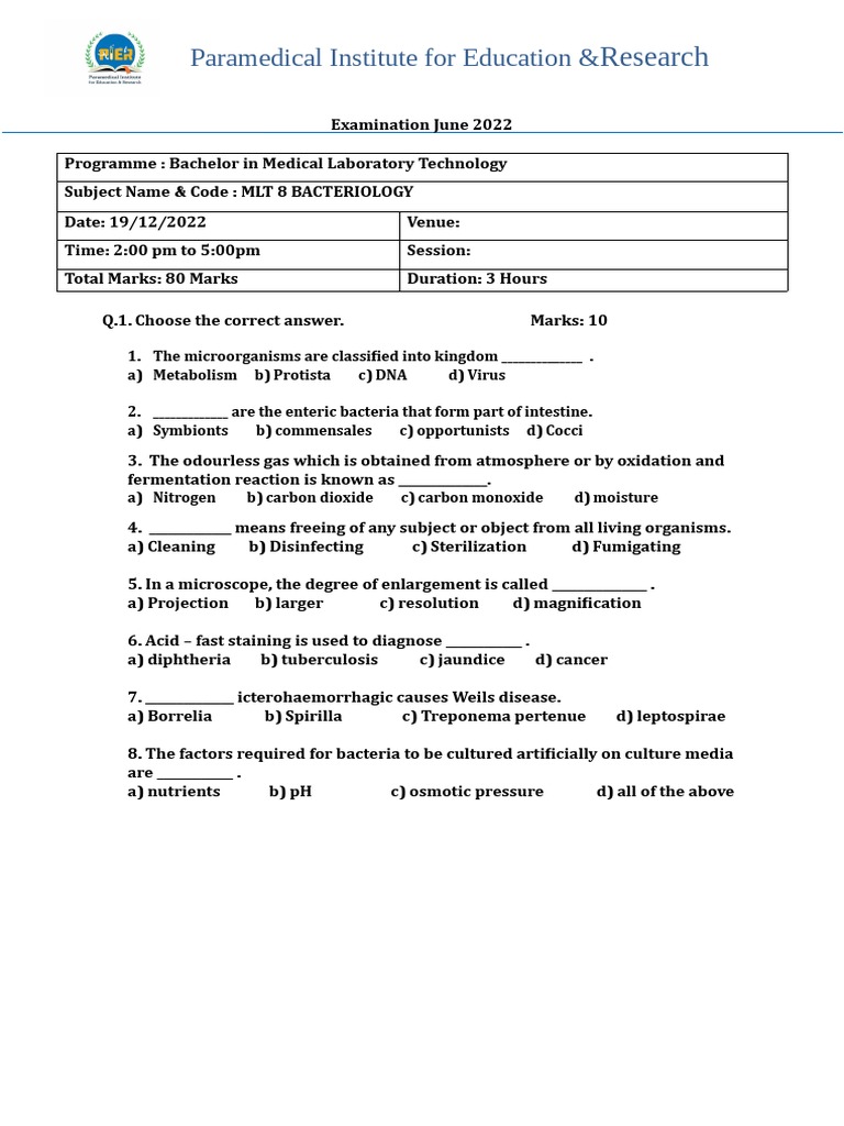 SEM 3 MLT BACTERIOLOGY PAPER 2 (QUESTION PAPER) Rectify | PDF ...
